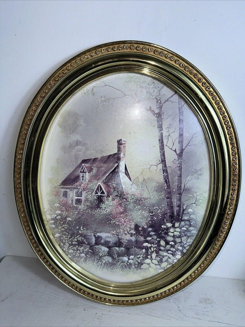 Vintage Syroco 1982 Oval Gold Plastic Picture Frame Cottage in Forest ...