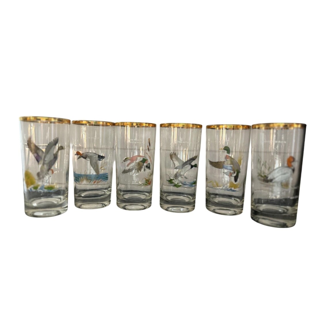 Vintage Ned Smith Upland Birds Waterfall High Ball Glasses Gold Rim Set ...