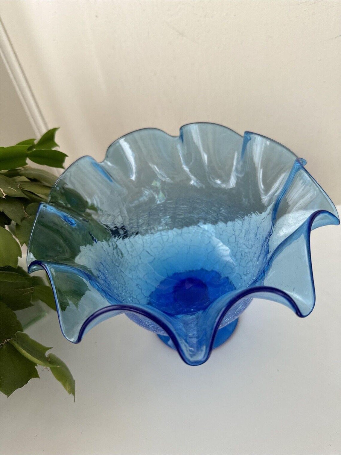 Blenko Art Glass Azure Blue Crackle Ruffle Blown Glass Footed Pedestal ...