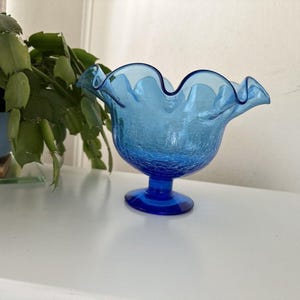 Blenko Art Glass Azure Blue Crackle Ruffle Blown Glass Footed Pedestal ...