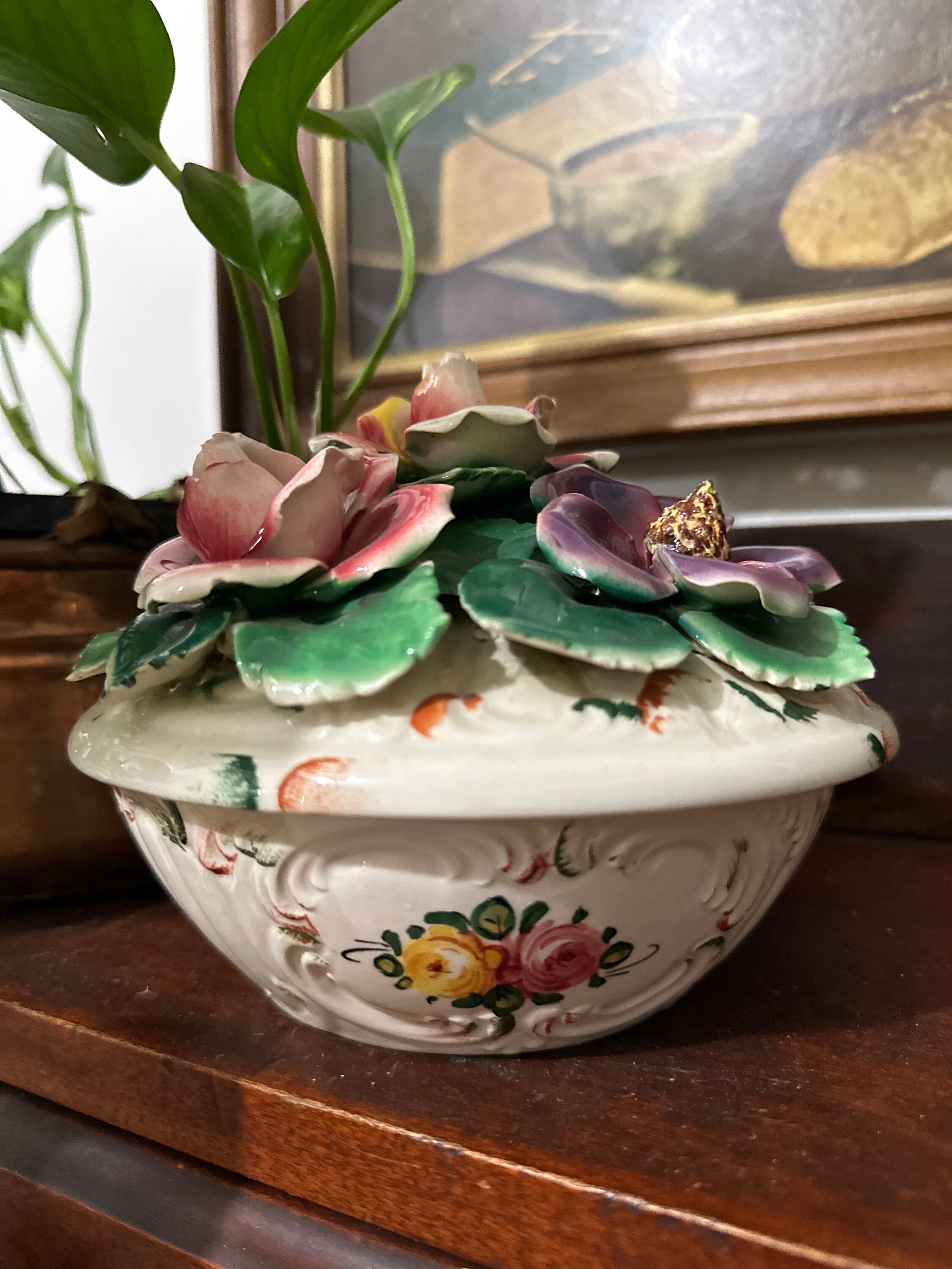 Vintage Capodimonte Style Bowl Vanity Trinket Box With Roses Oval 1940 ...