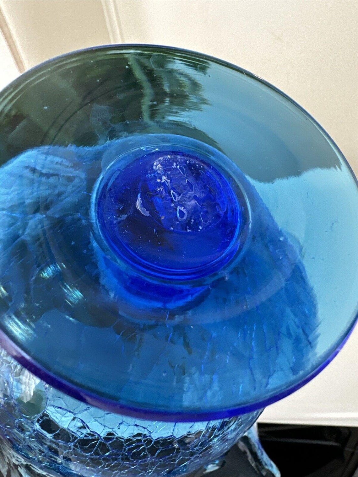 Blenko Art Glass Azure Blue Crackle Ruffle Blown Glass Footed Pedestal ...