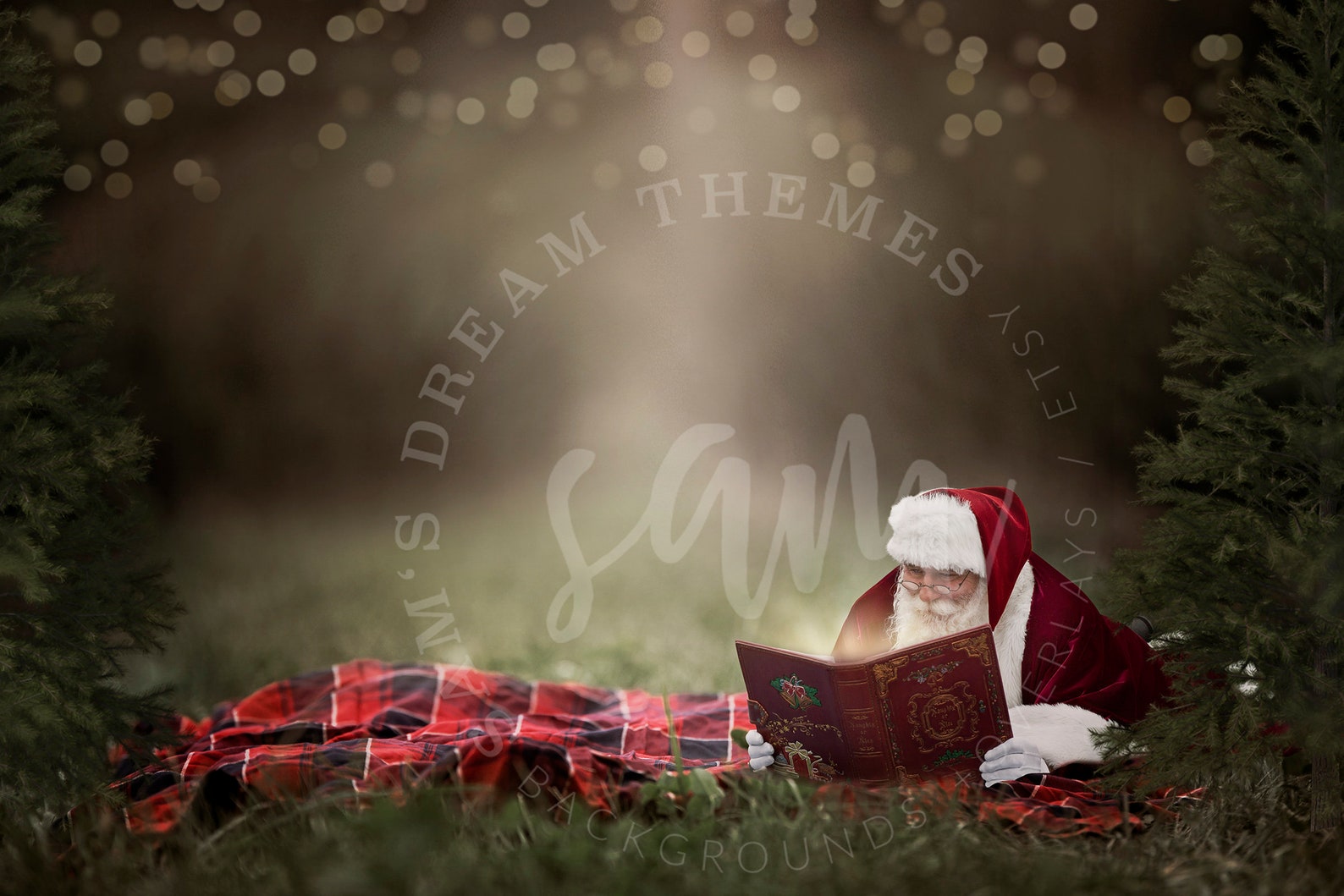 Santa Story Time Under the Tree Lights Digital Background | Etsy