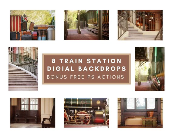 8 vintage train station digital backdrops train digital | Etsy