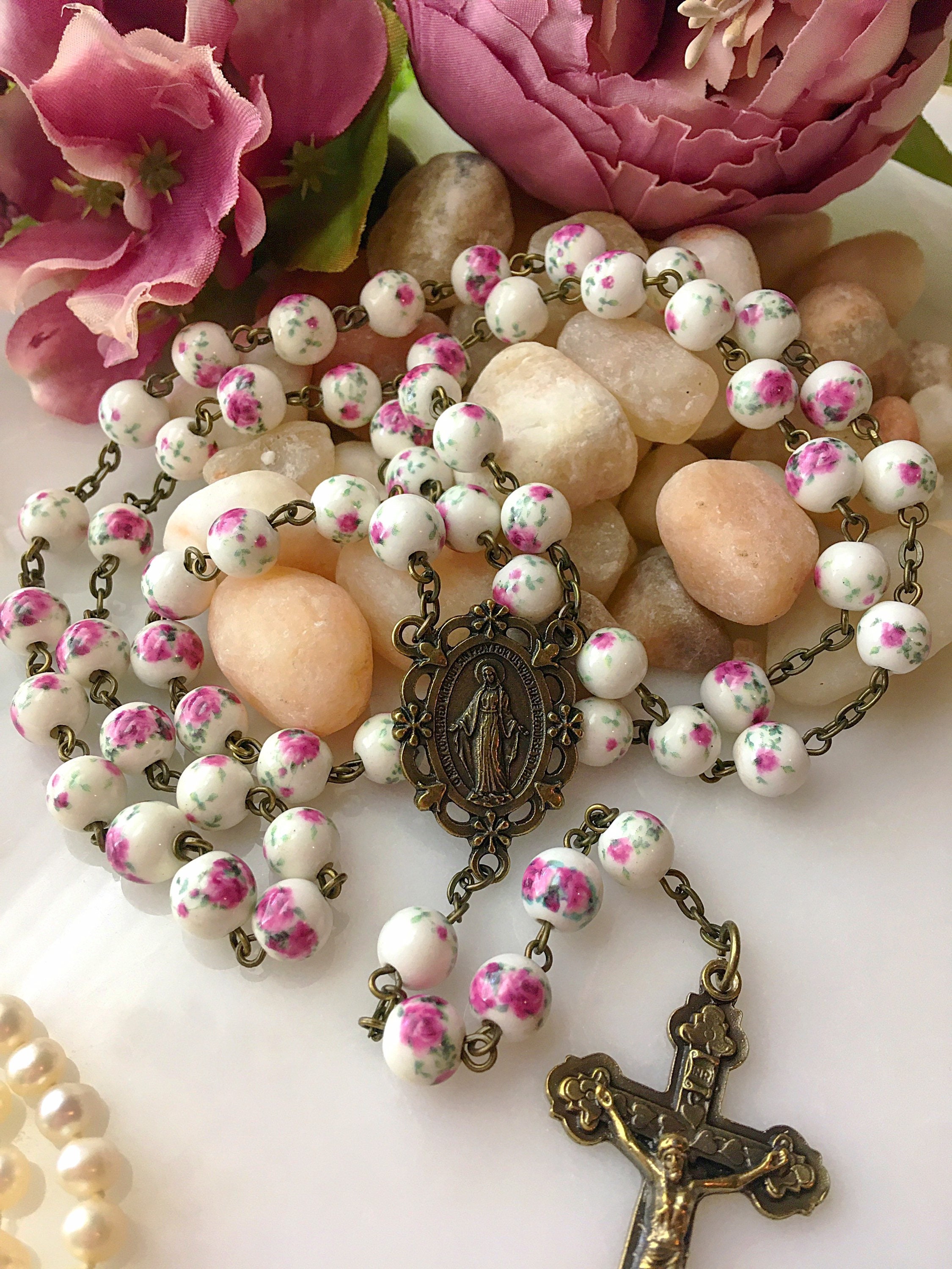 Bronze Pink Floral Rosary, Ceramic Pink Roses Catholic Rosary Beads ...