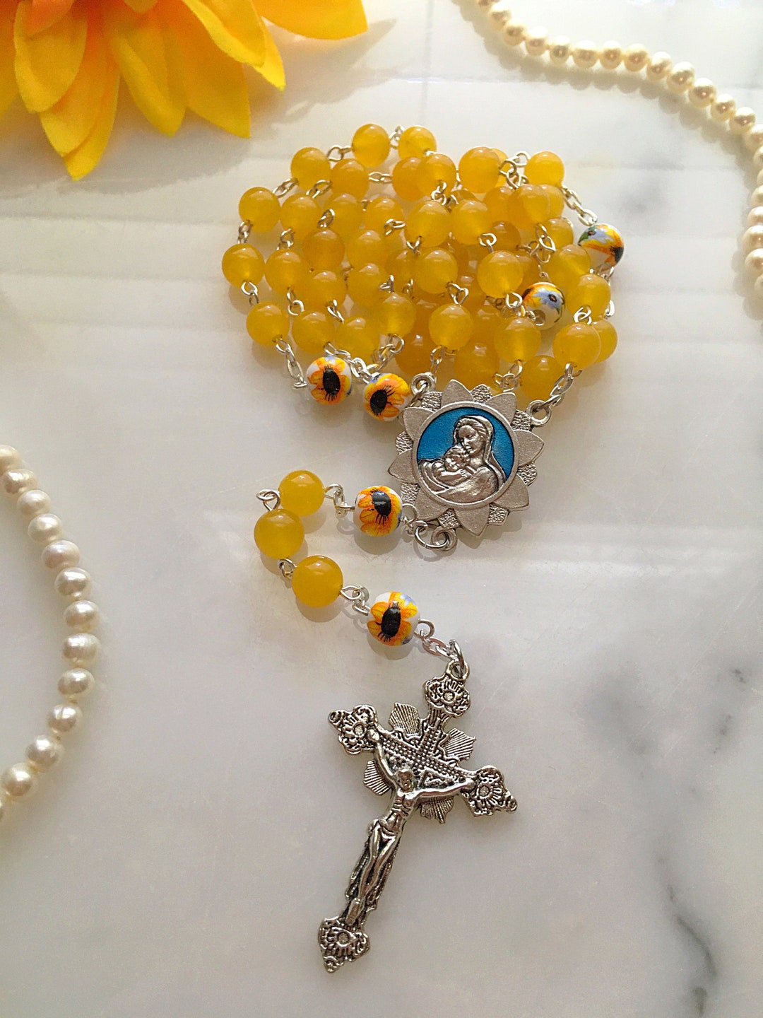 Sunflower Rosary, Yellow Jade Sunflower Rosary, Flower Rosary, Floral ...