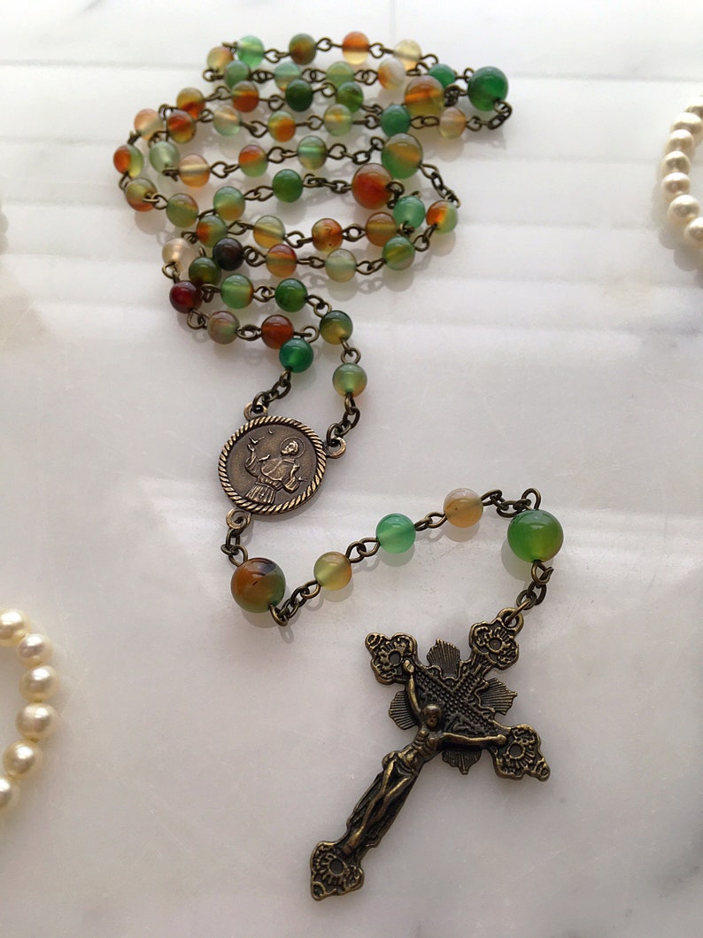 Bronze St. Francis Rosary, Green Multi Color Agate Saint Francis of ...