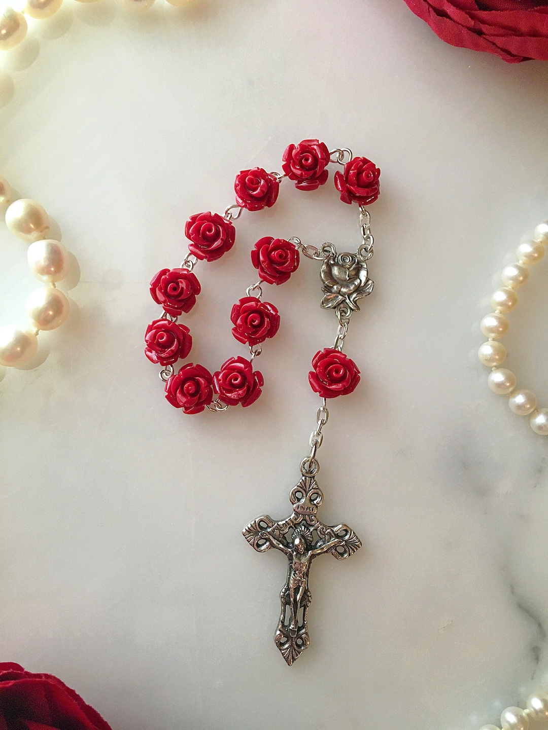 Red Rose Pocket Rosary, Single Decade Red Rose Rosary With Fleur De Lis ...