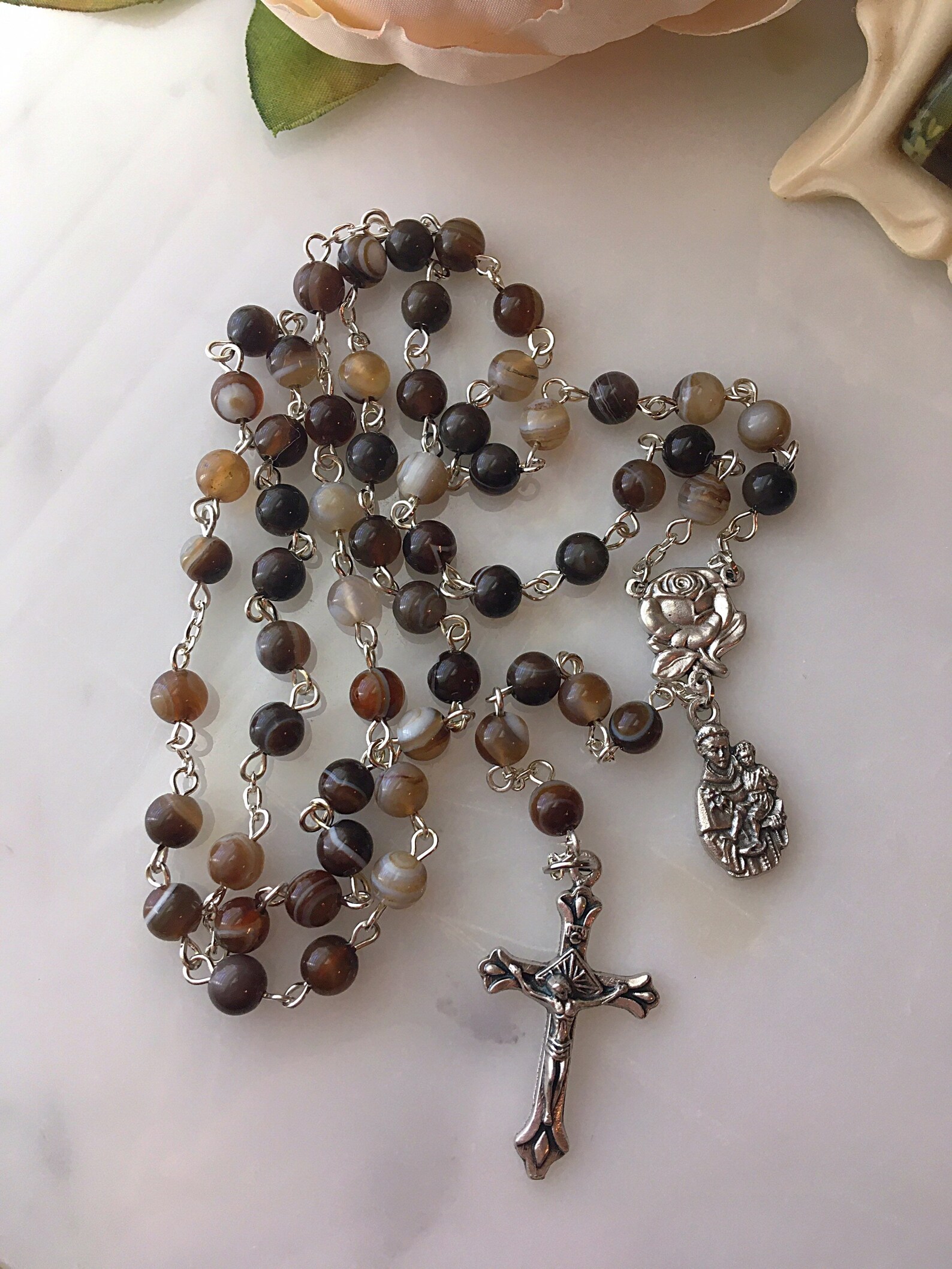 Handmade St. Anthony Rosary, Brown Agate Gemstone Rosary With Our Lady ...