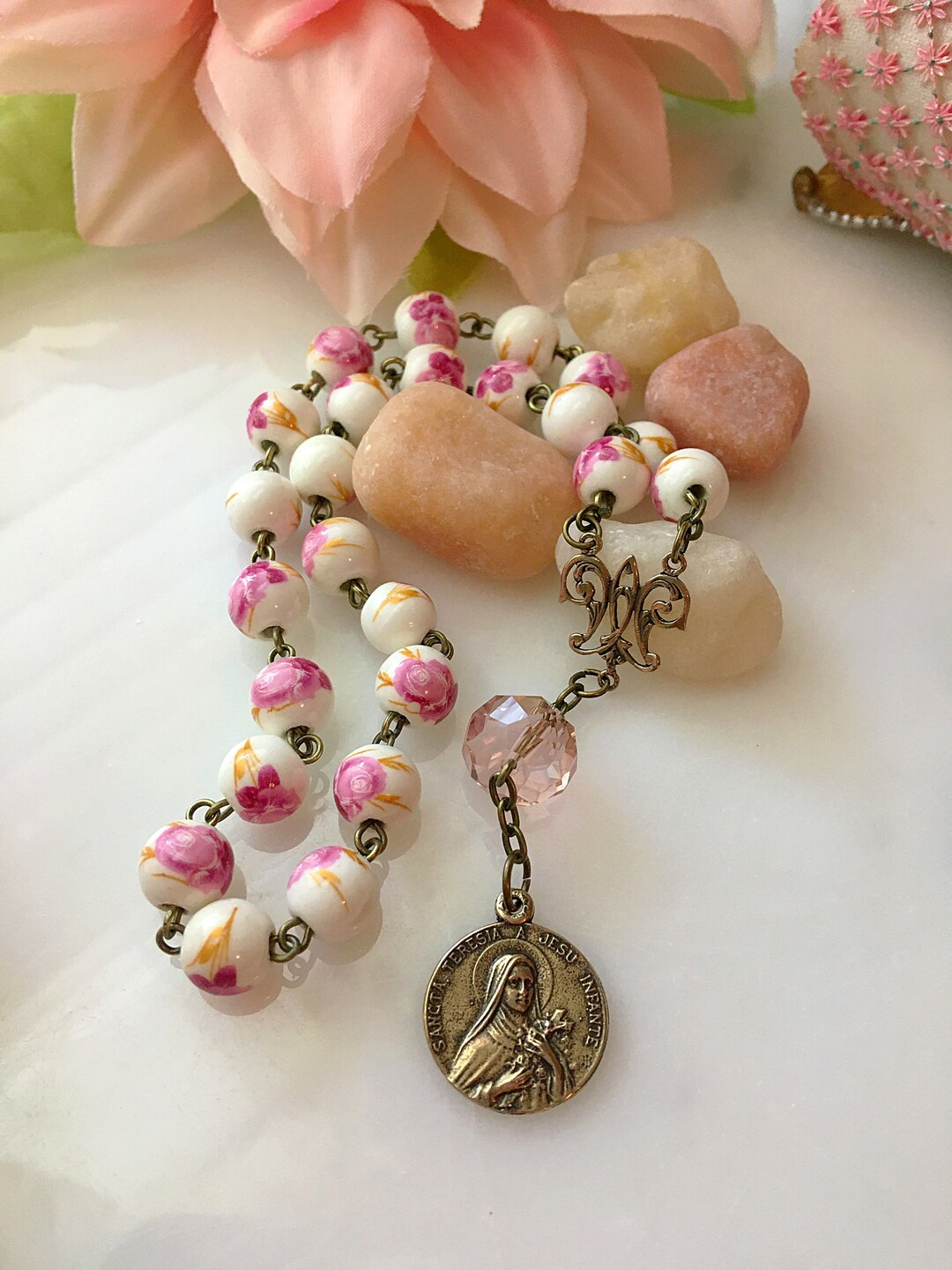 Pink Floral St. Thérèse Chaplet, Vintage Style Ceramic Floral Bead ...