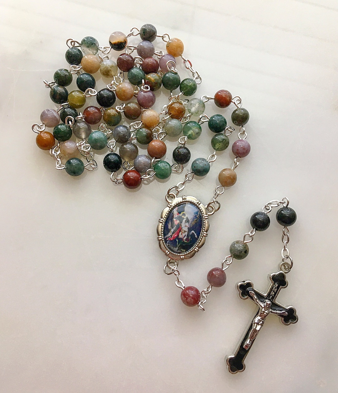 St. George Rosary, Multi-color Jasper Saint George Rosary, Silver St ...