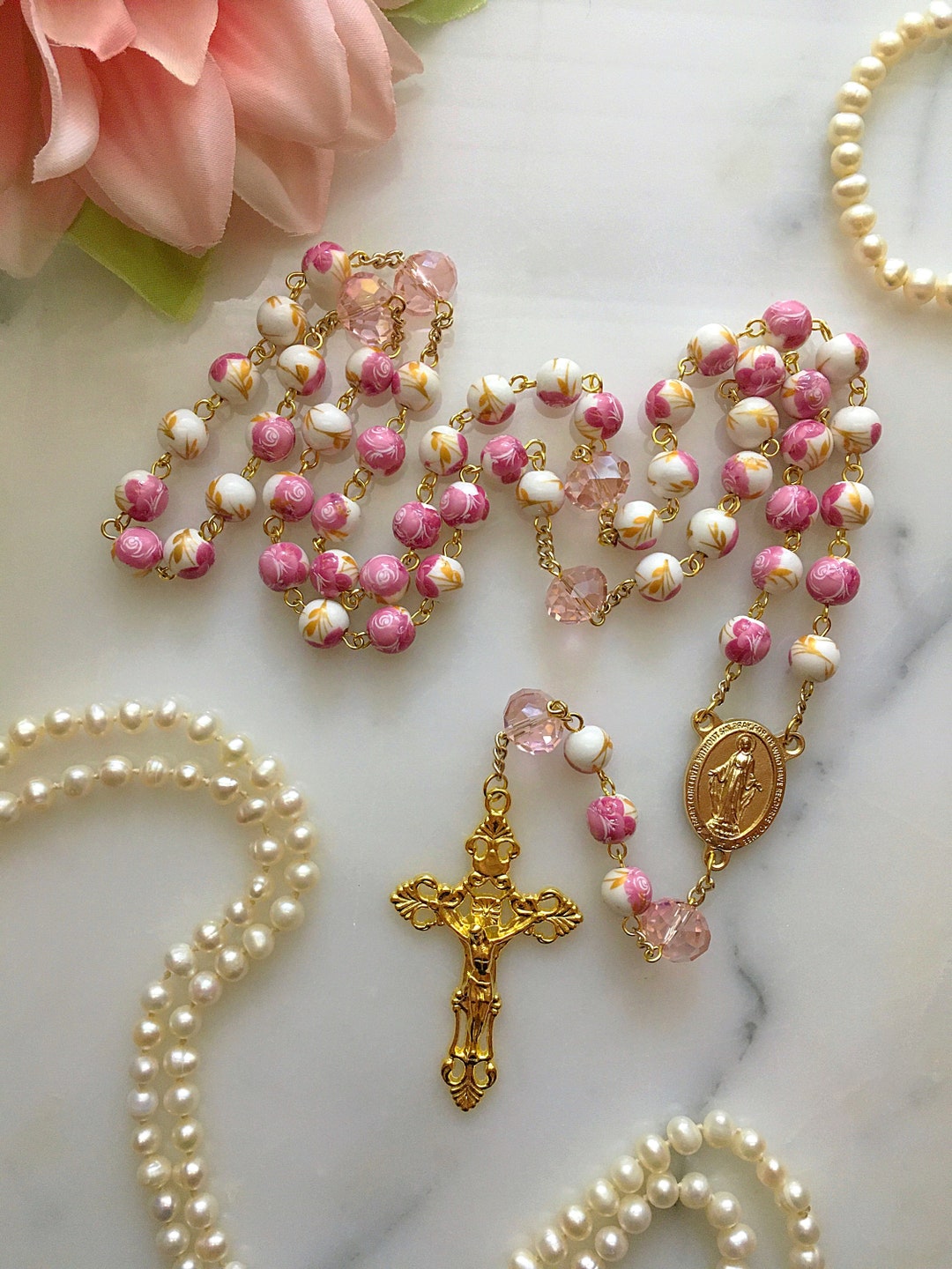 Pink Rose Rosary Beads, Floral Rosary, Porcelain Flower Rosary, Gold ...