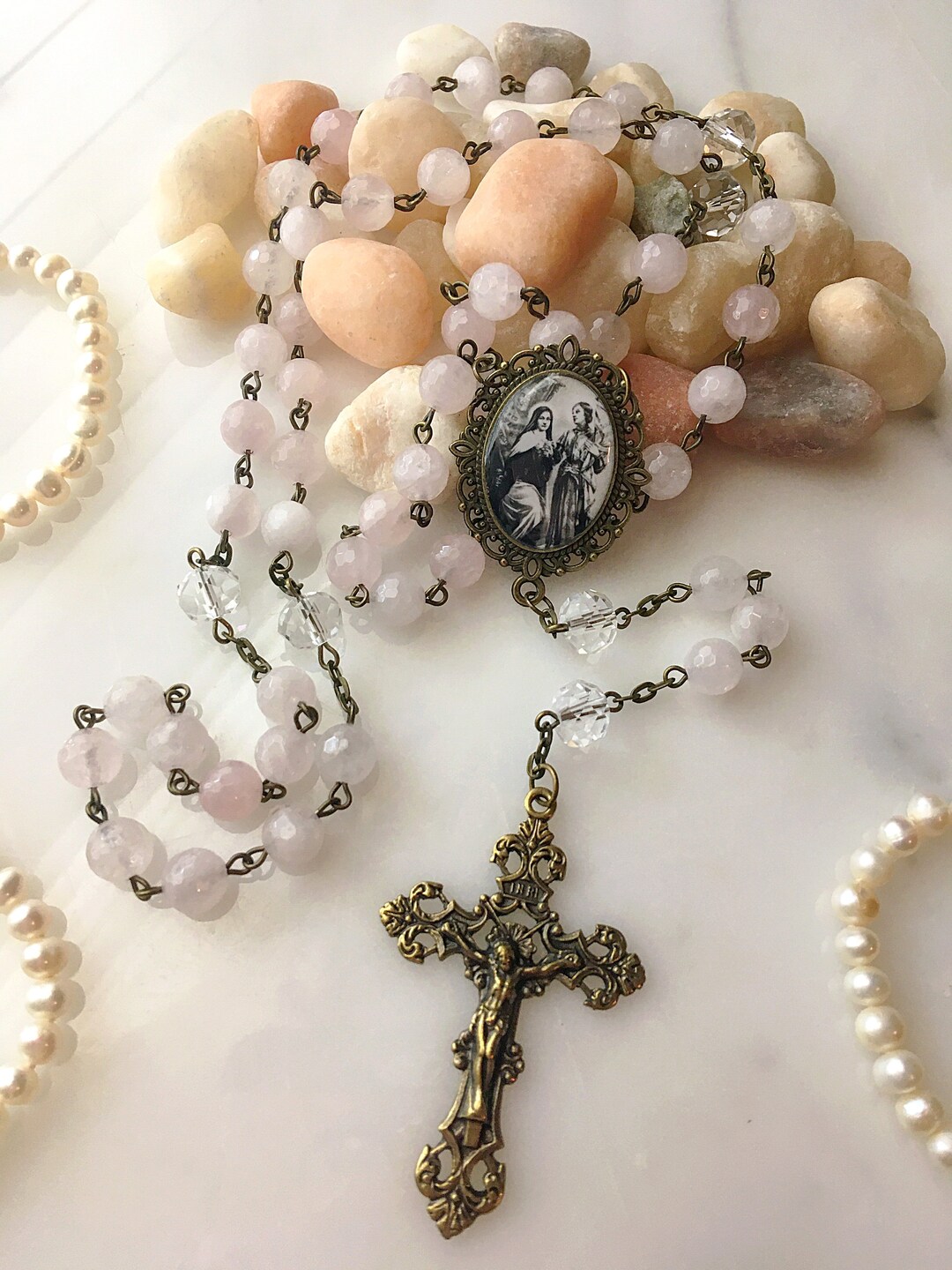 St. Therese & St. Joan of Arc Rosary, Pink Rose Quartz Rosary, Saint ...