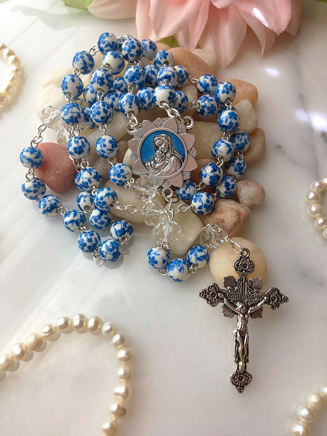 Blue Floral Rosary, Sunflower Rosary, Blue Flower Rosary, Ceramic ...