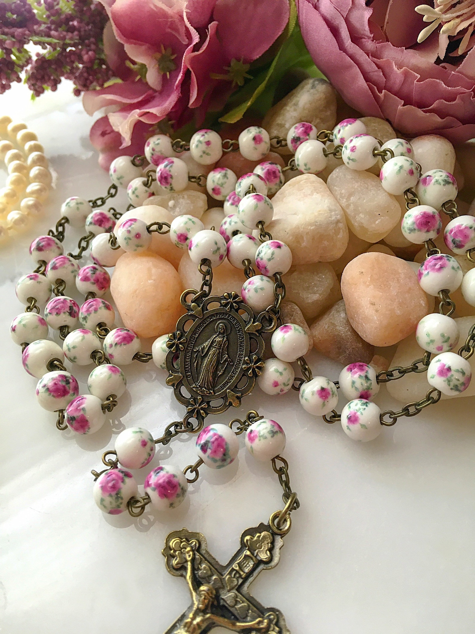 Bronze Pink Floral Rosary, Ceramic Pink Roses Catholic Rosary Beads ...