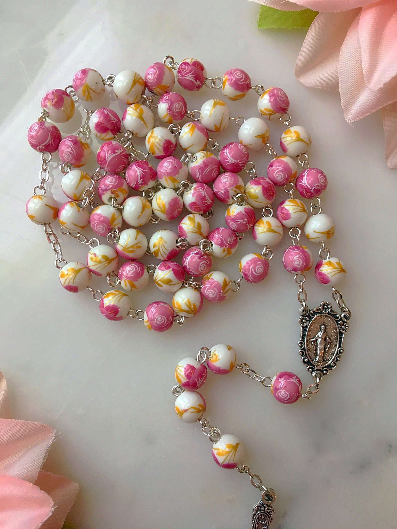 Pink Rose Rosary, Floral Rosary, Porcelain Flower Rosary, Silver ...