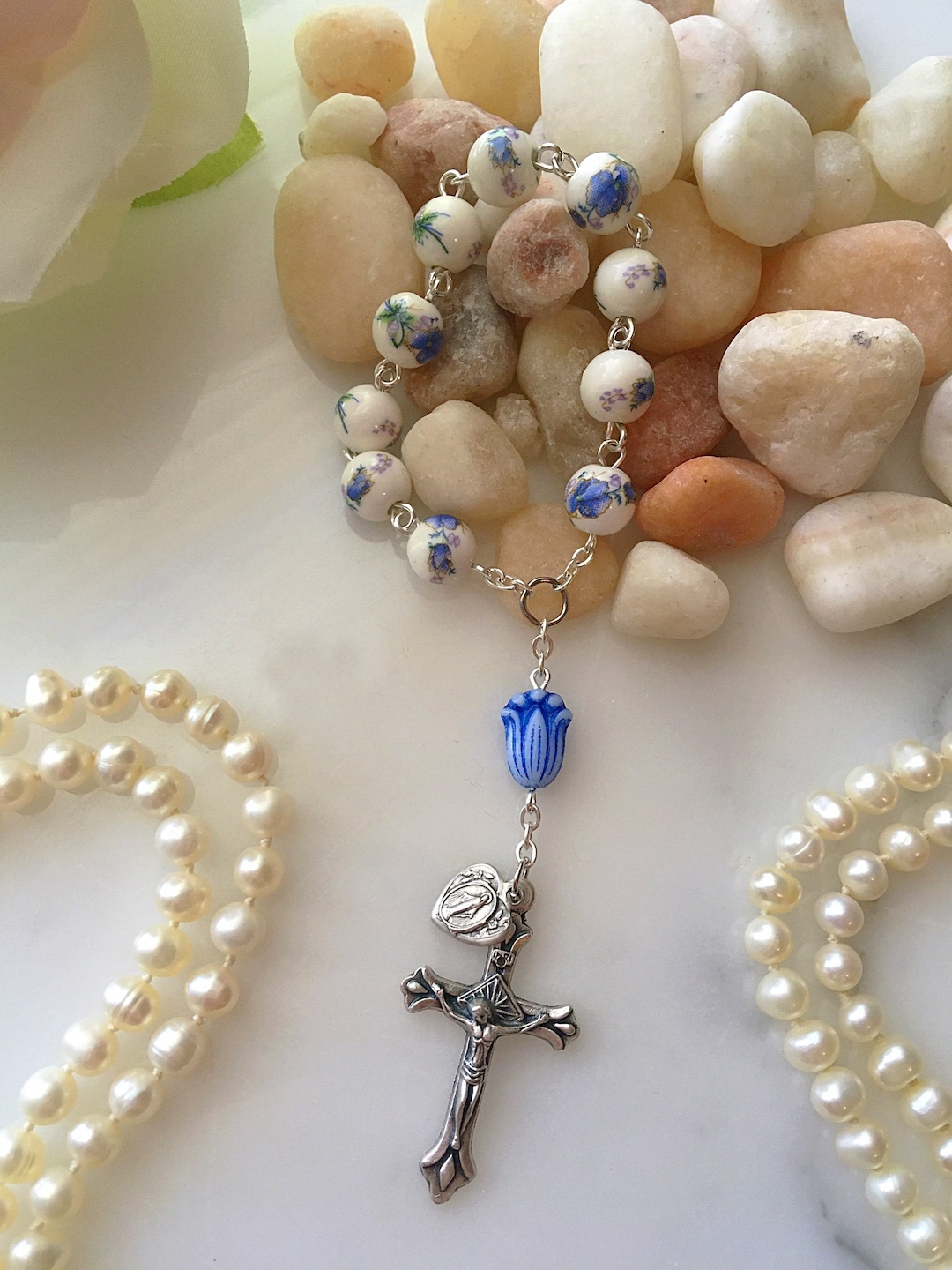 Blue Floral Single Decade Rosary, Chinoiserie Rosary, Blue & White ...