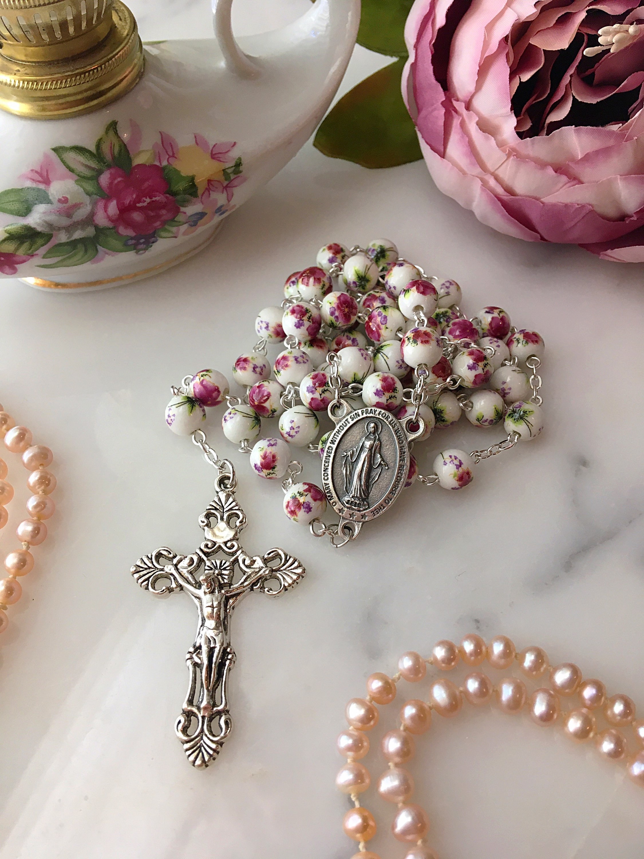 Pink Floral Rosary, Ceramic Flower Bead Rosary, Vintage Style ...