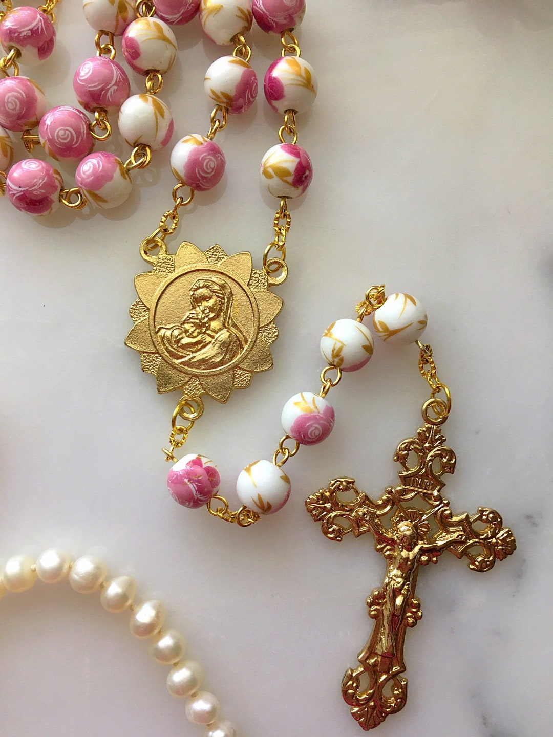 Pink Rose Rosary Beads, Floral Rosary, Porcelain Flower Rosary, Gold ...