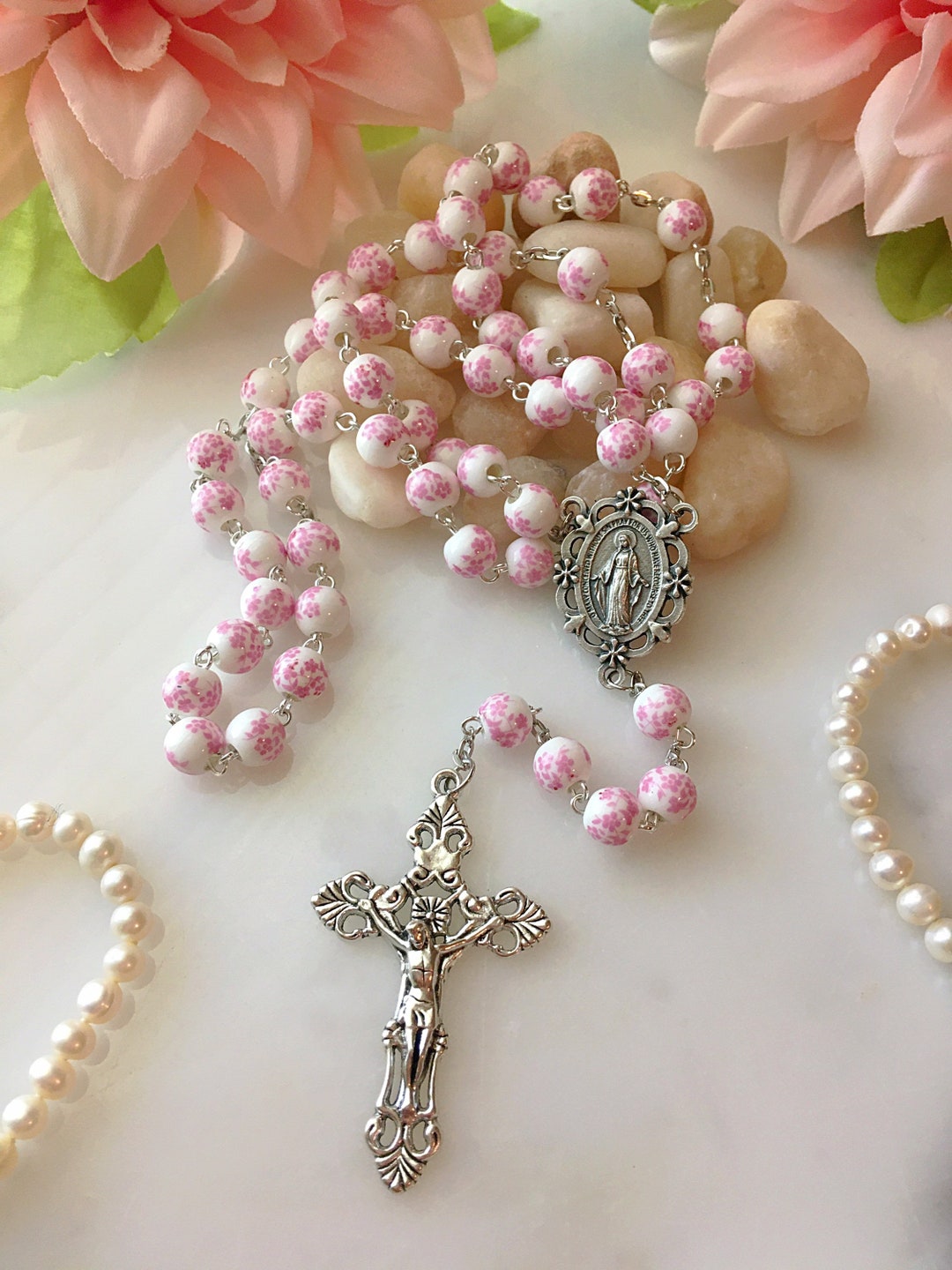 Pink Flower Rosary, Ceramic Floral Rosary, Miraculous Medal Rosary ...