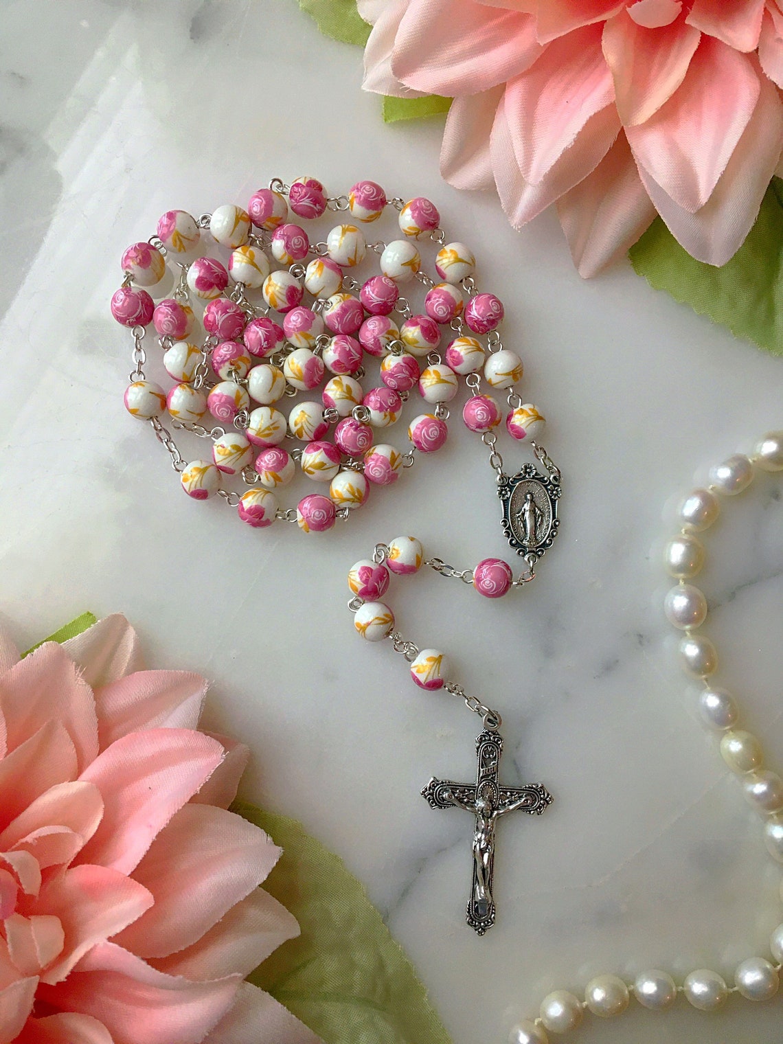 Pink Rose Rosary Floral Rosary Porcelain Flower Rosary - Etsy
