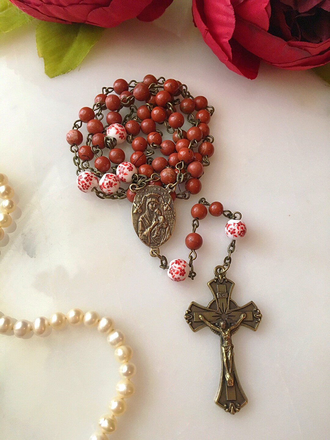 Bronze Our Lady Of Perpetual Help Red Jasper Rosary 6mm Red Gemstone