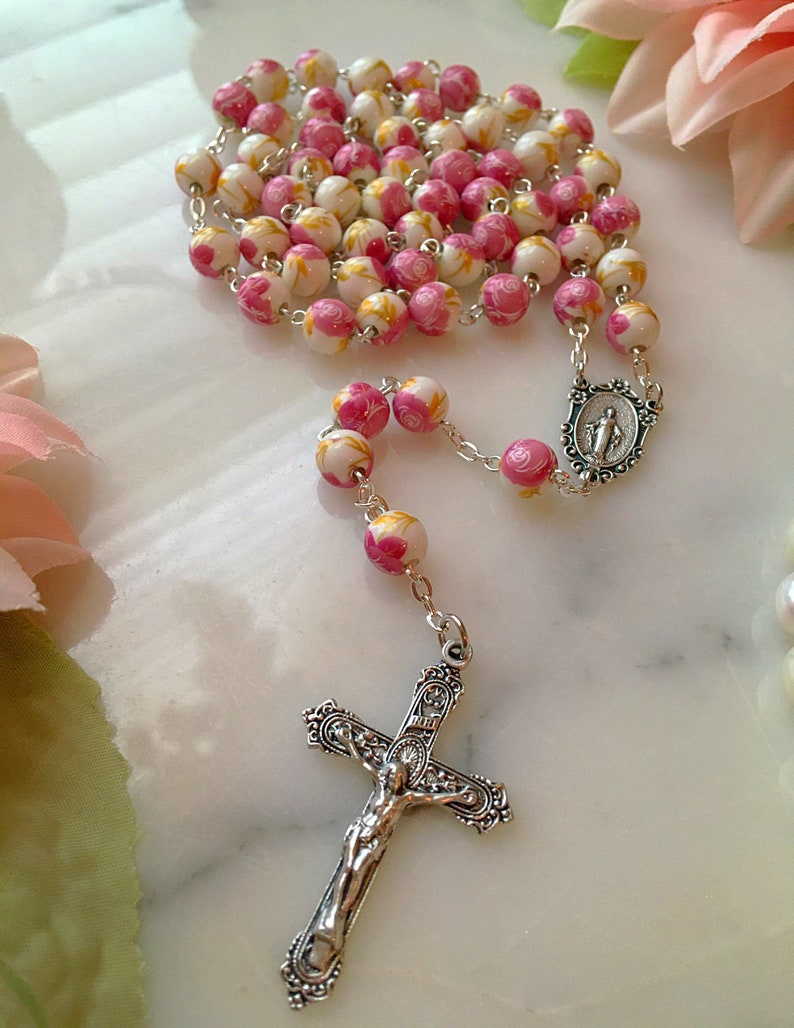 Pink Rose Rosary, Floral Rosary, Porcelain Flower Rosary, Silver ...