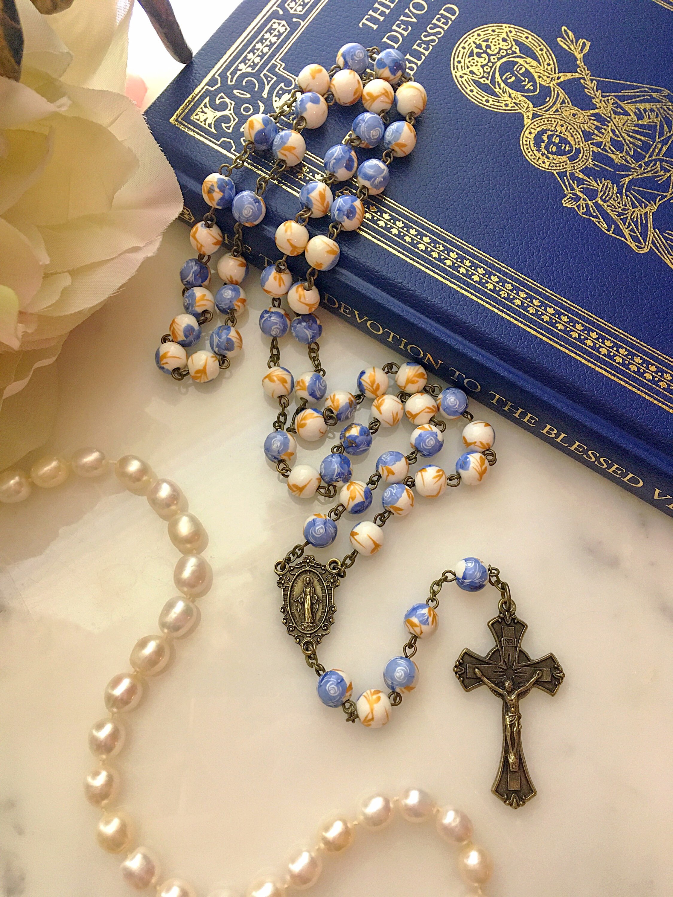 Bronze Blue Floral Rosary Ceramic Blue Roses Catholic Rosary - Etsy