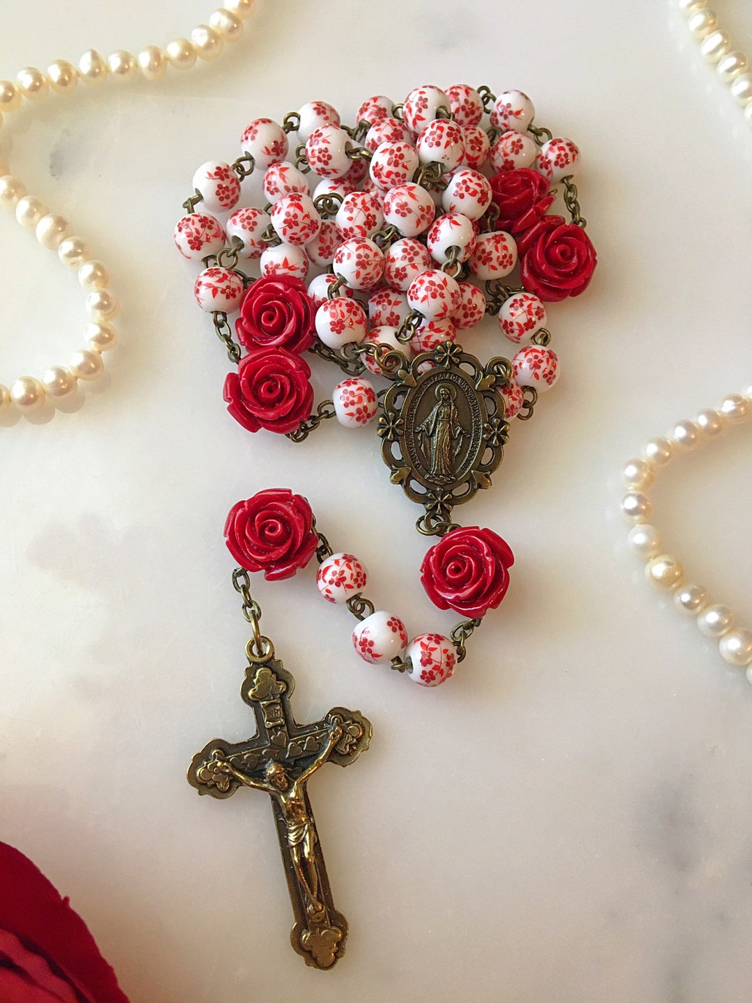 Red Rose Rosary, Vintage Style Bronze Rosary, Miraculous Medal Rosary ...