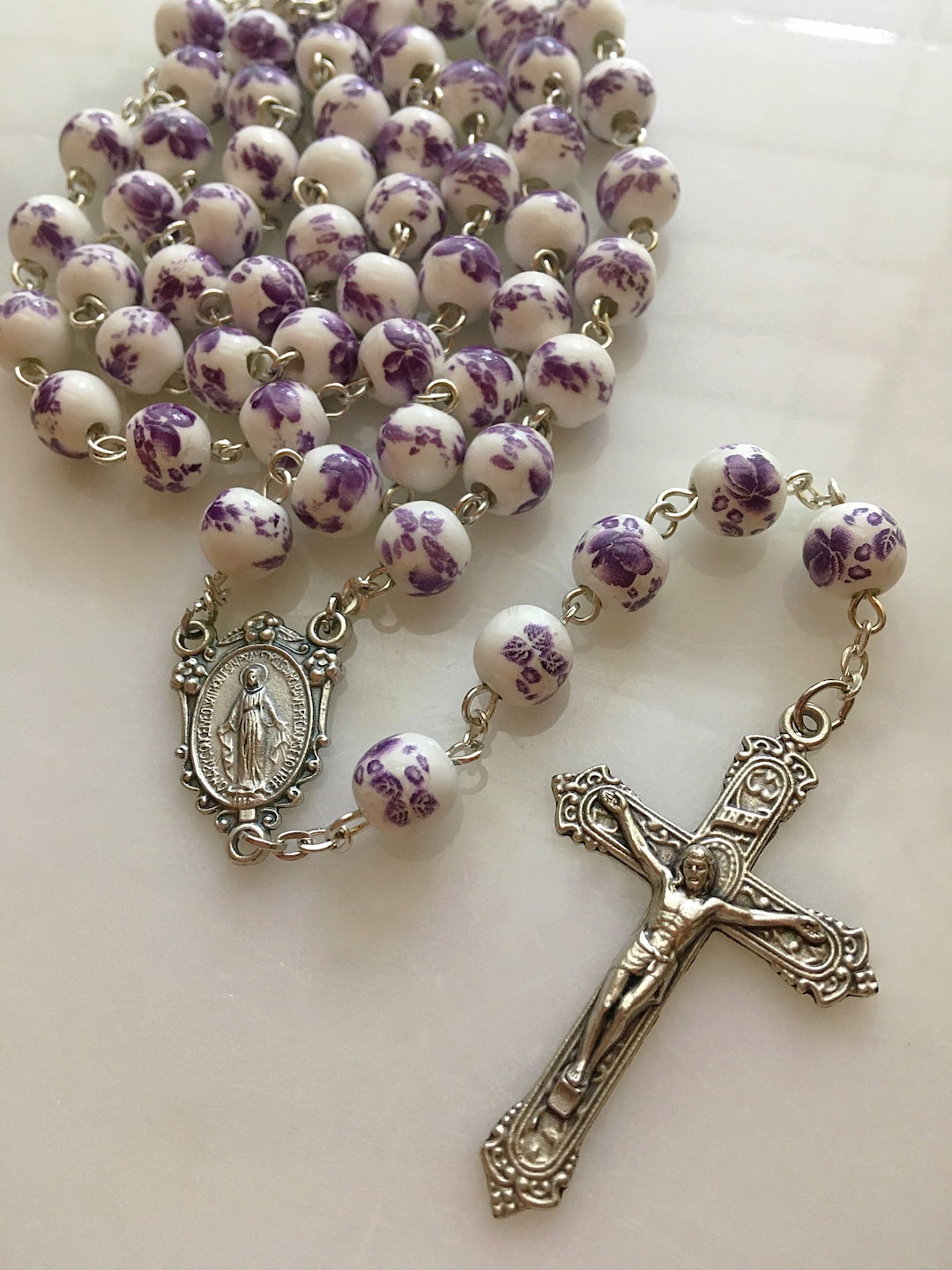 Purple Floral Rosary, Ceramic Flower Bead Catholic Rosary, Blessed ...