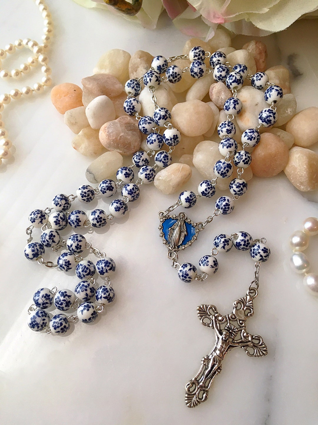 Blue & White Floral Ceramic Bead Rosary, Heart Center Virgin Mary ...