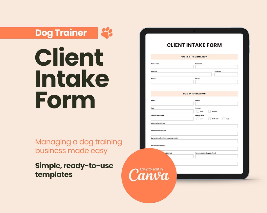 Dog Trainer Client Intake Form | Printable Dog Training Form | Editable ...