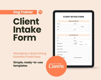 Dog Trainer Client Intake Form | Printable Dog Training Form | Editable ...