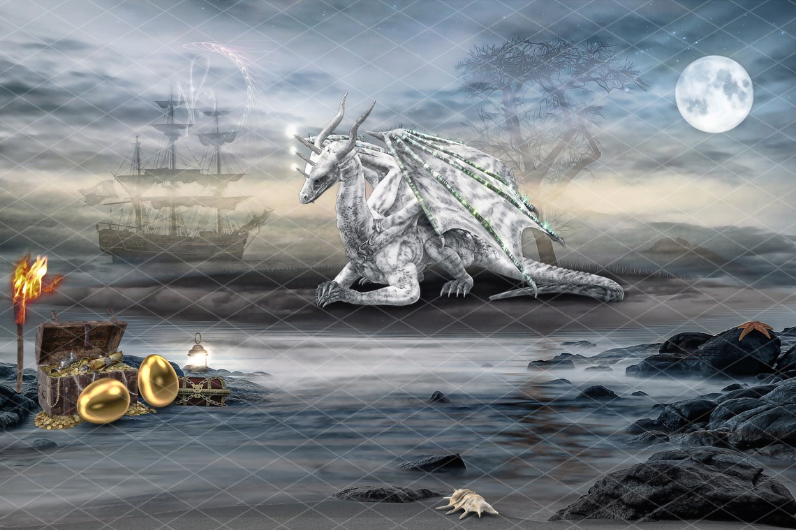 Dragon Guarding Treasure/gold From Pirates on an Island Under the Moon ...
