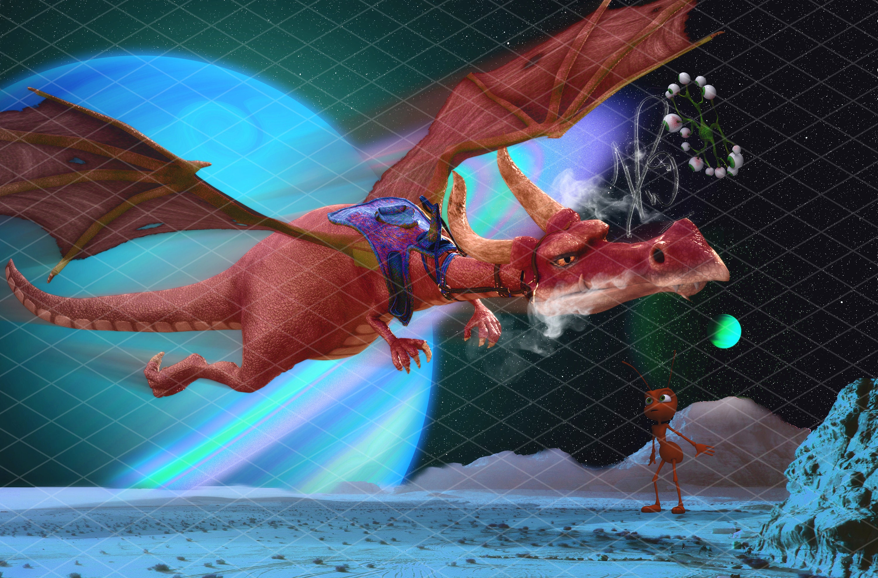 Sci-fi Dragon Flying Past a Planet Over a Lunar/alien Landscape Digital ...