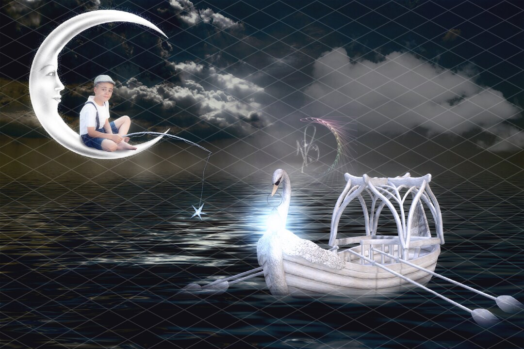 Moon Fishing, With Boat at Night Digital Backdrop/background, Photoshop ...