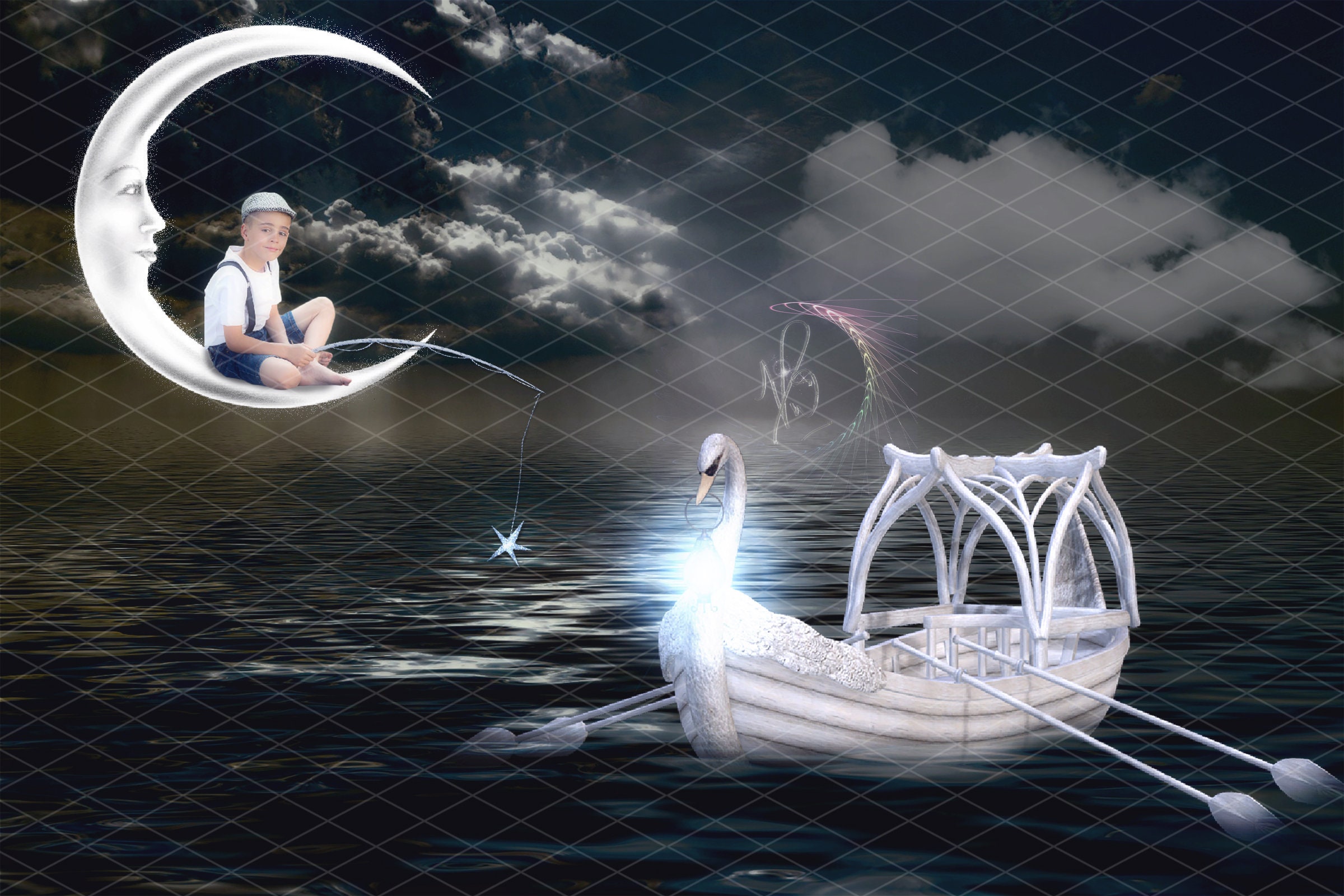 Moon Fishing, With Boat at Night Digital Backdrop/background, Photoshop ...