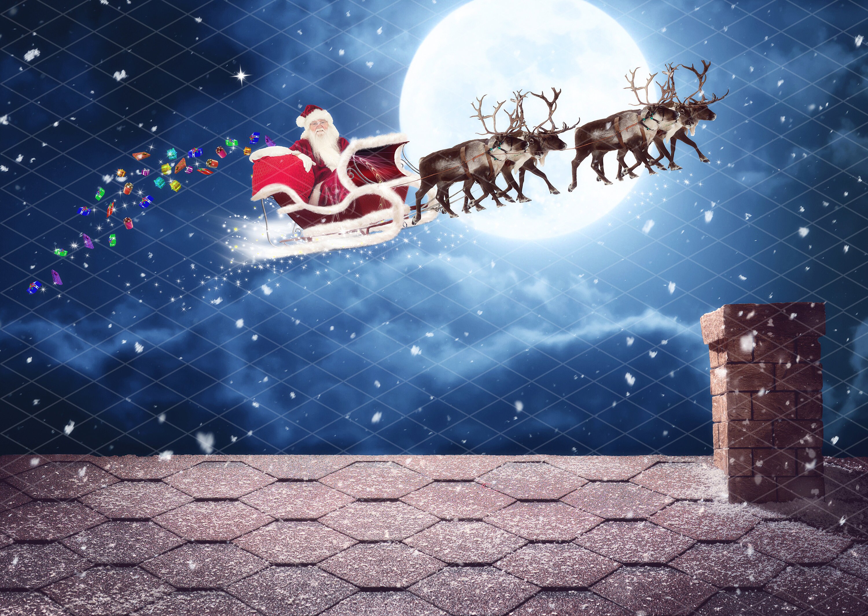 Christmas Santa Over the Roof Dropping Presents in the Snow Digital ...