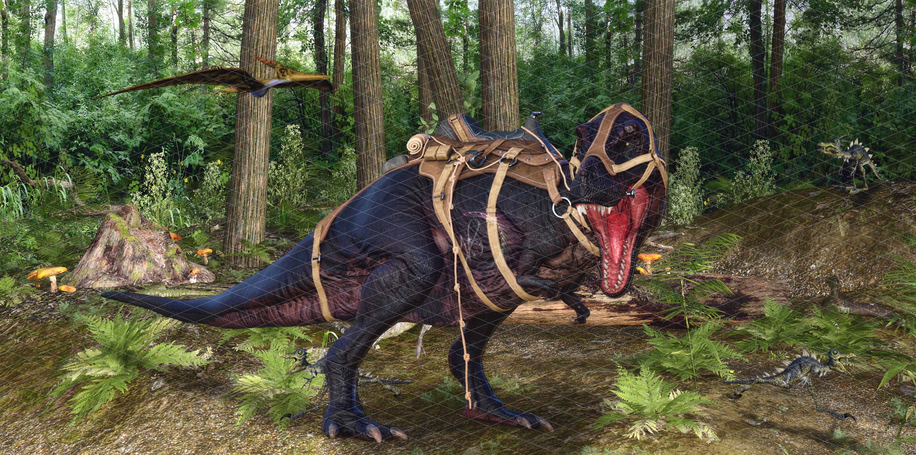 T-rex Dinosaur, Saddled up and Ready to Ride Through the Forest, If You ...