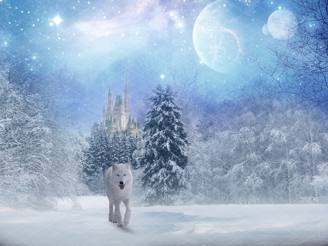 Fantasy Magical Winter Landscape With Castle & White Wolf Digital ...