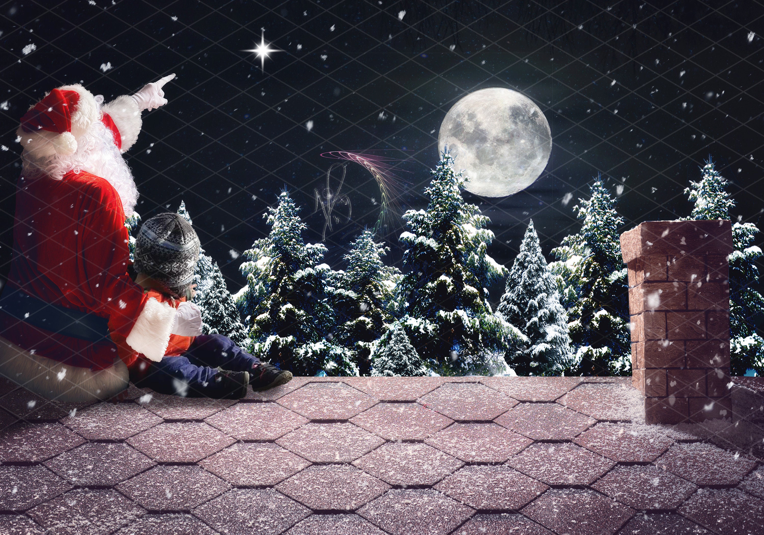Christmas Santa on the Roof With Star in the Snow Digital Backdrop ...
