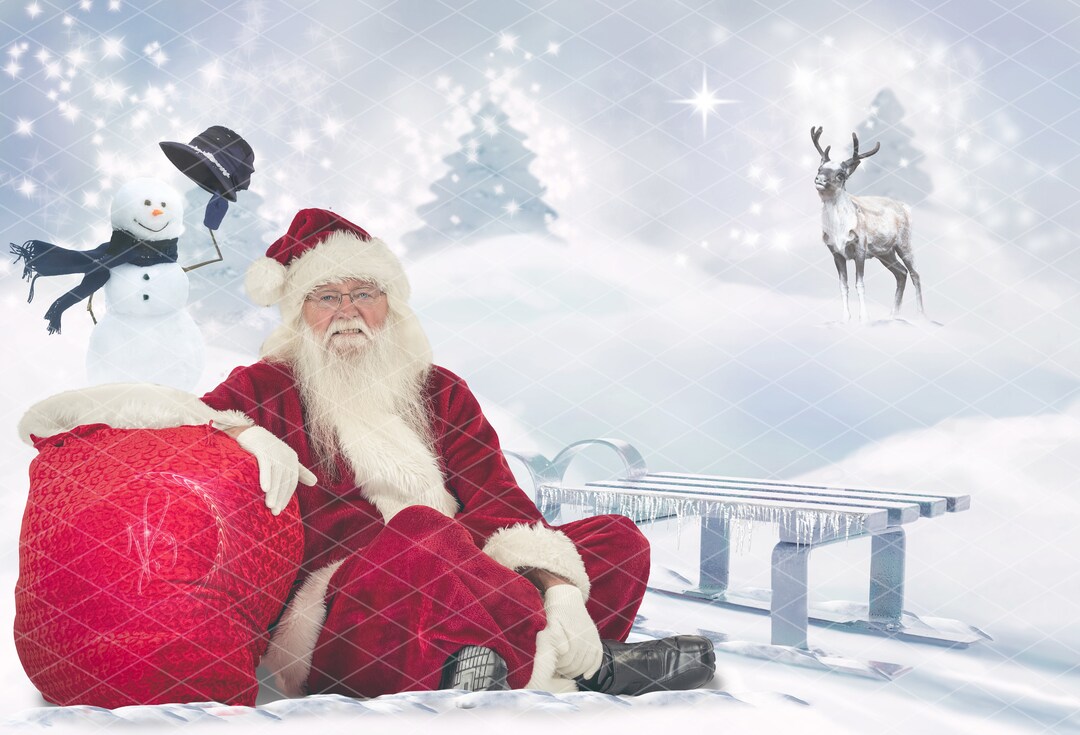 Santa in the Snow, Snowman, Deer, Sled, Sleigh, Digital Backdrop ...
