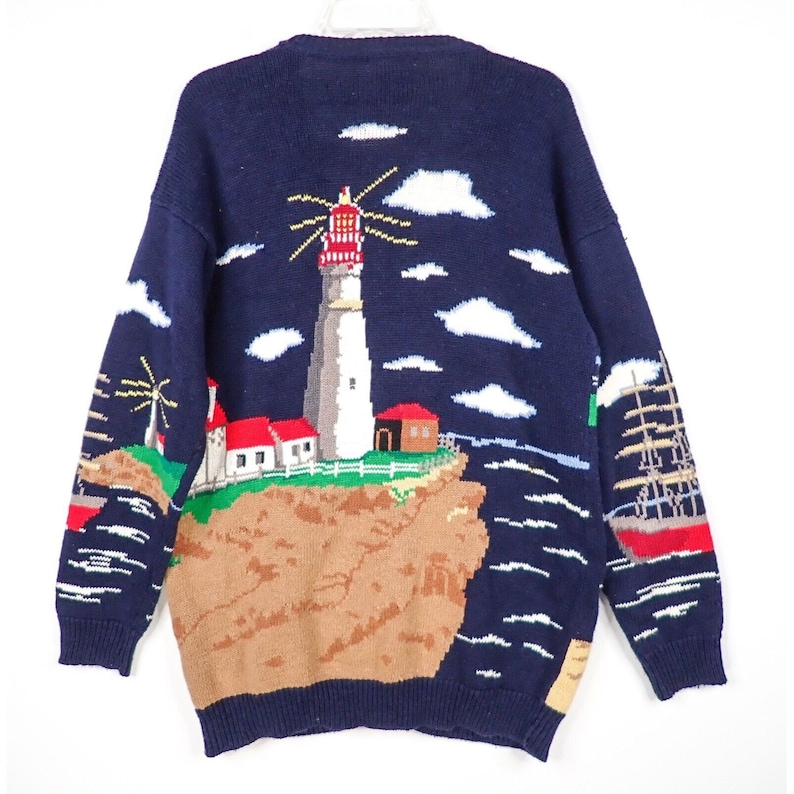 Vintage PBJ Sport LIGHTHOUSE Lake House Theme Beach Sweater Cardigan M ...