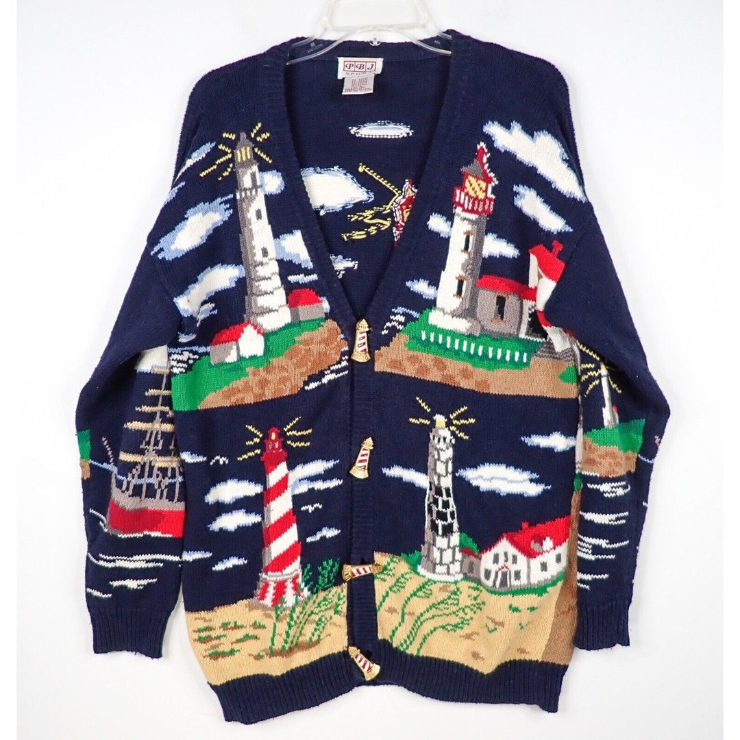 Vintage PBJ Sport LIGHTHOUSE Lake House Theme Beach Sweater Cardigan M ...