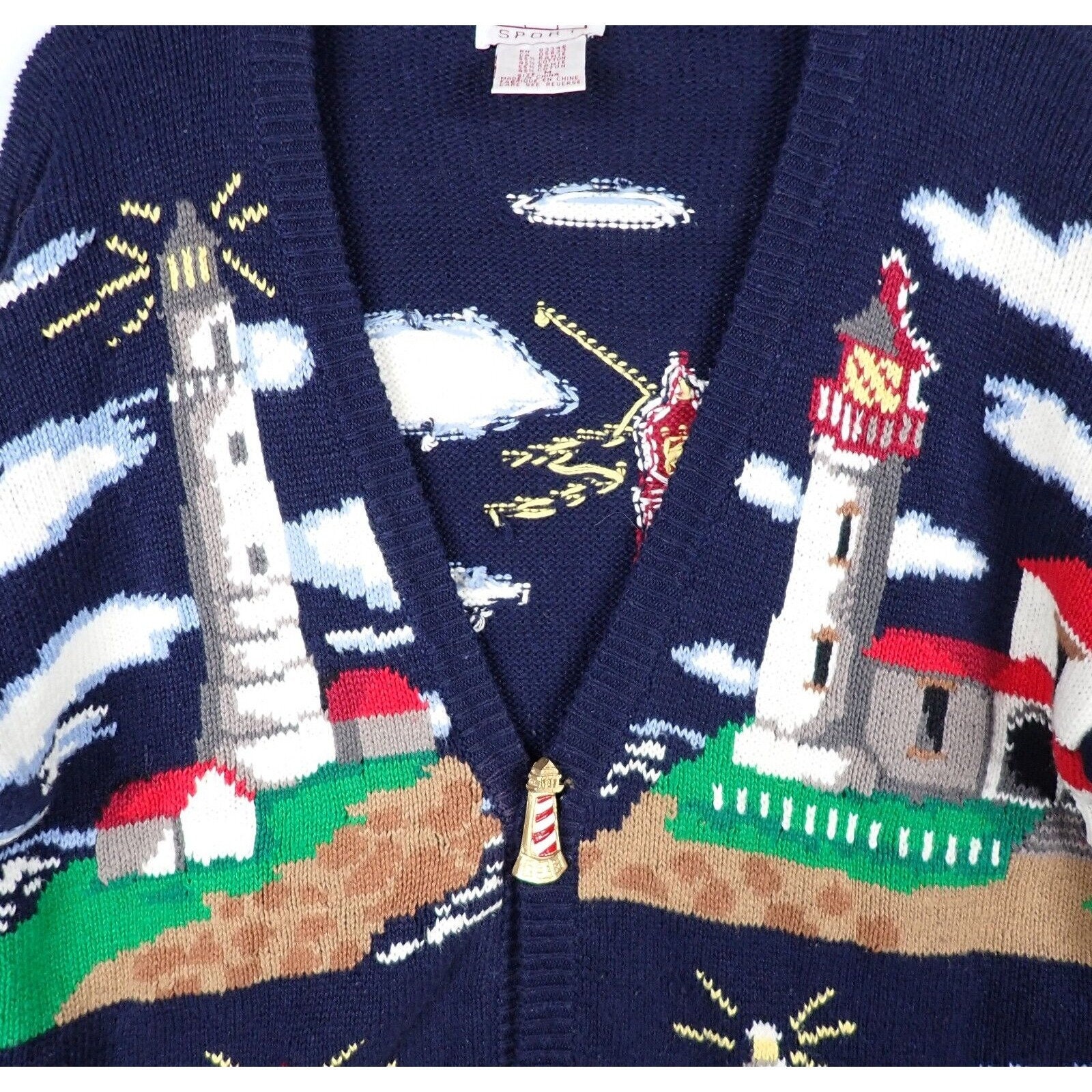 Vintage PBJ Sport LIGHTHOUSE Lake House Theme Beach Sweater Cardigan M ...