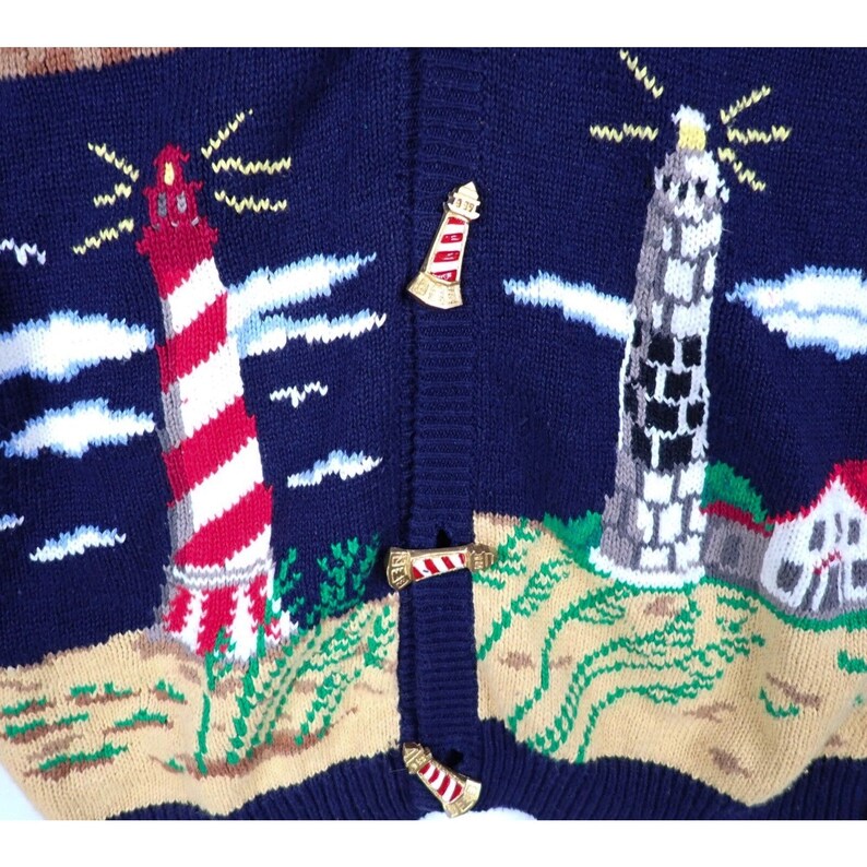 Vintage PBJ Sport LIGHTHOUSE Lake House Theme Beach Sweater Cardigan M ...