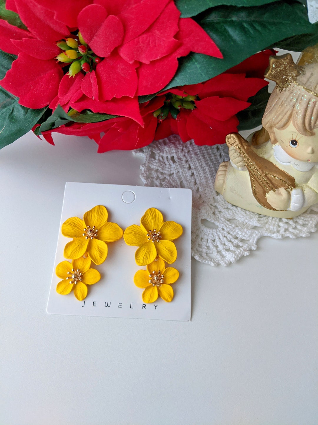 Yellow Flower Earrings, Yellow Dangle Earrings, Statement Yellow ...