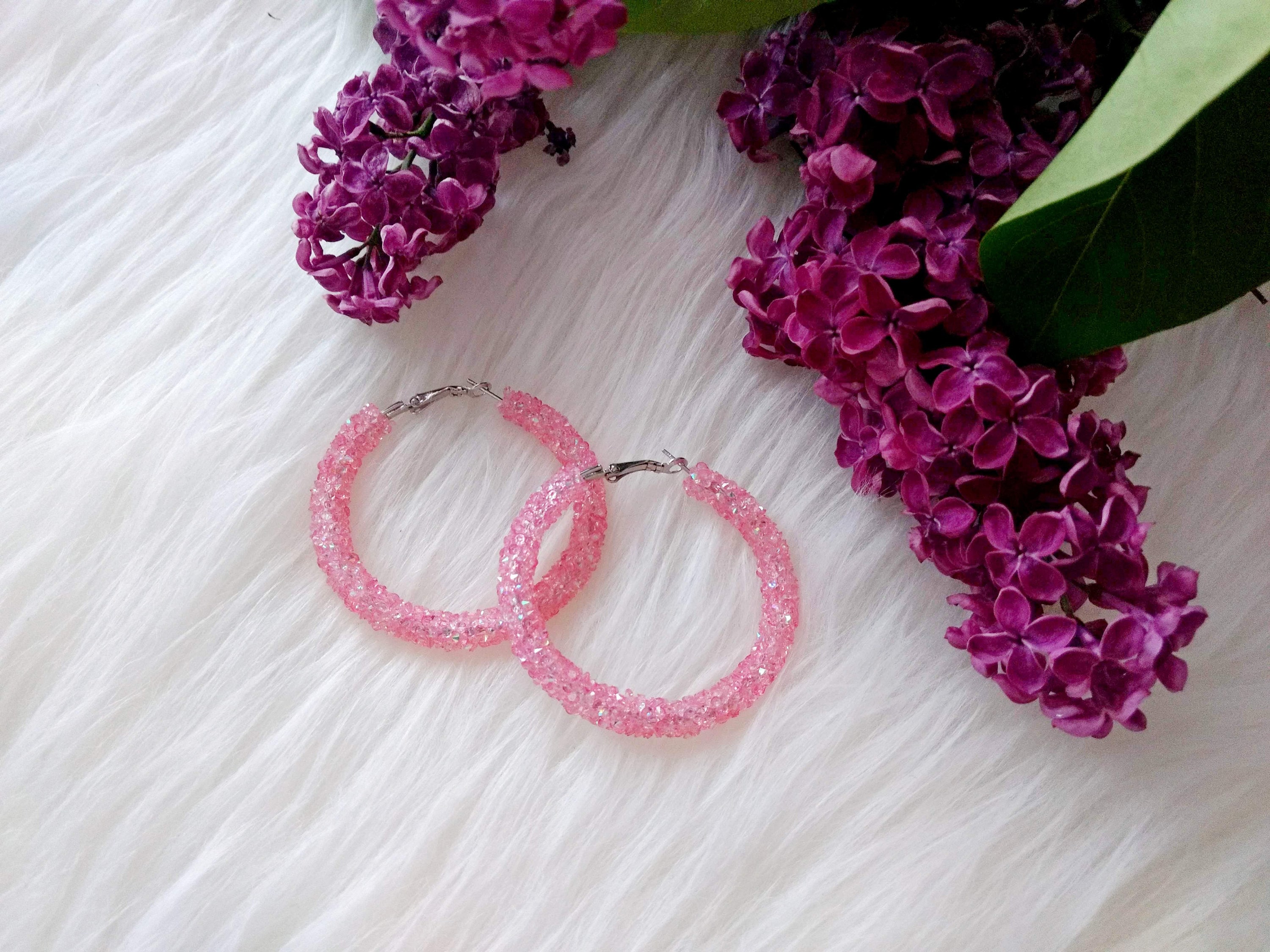 Pink rhinestone earrings pink circle pink hoop earrings | Etsy