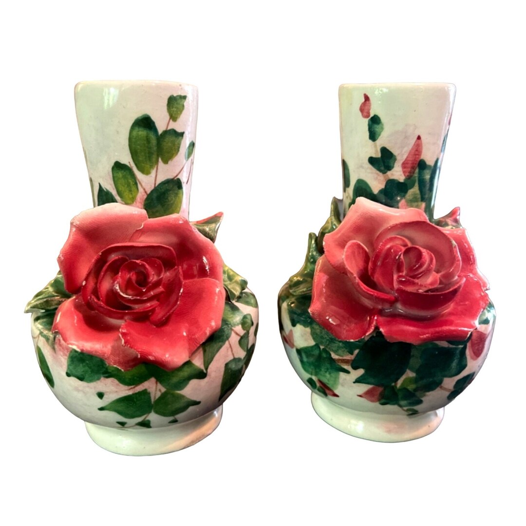 Vtg Pair Pink 3D Roses Pottery Vases Hand Painted Italy 3.75" Tall ...