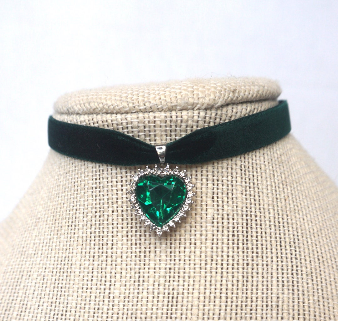 Heart Choker Necklace, Green Velvet Choker, Velvet Choker With Charm ...